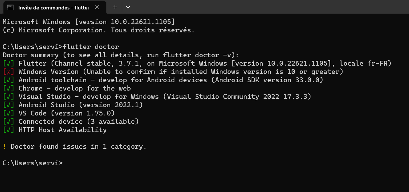 [Résolu] Probléme de detection windows - Flutter SDK Flutter Doctor par César910 - page 1 ...